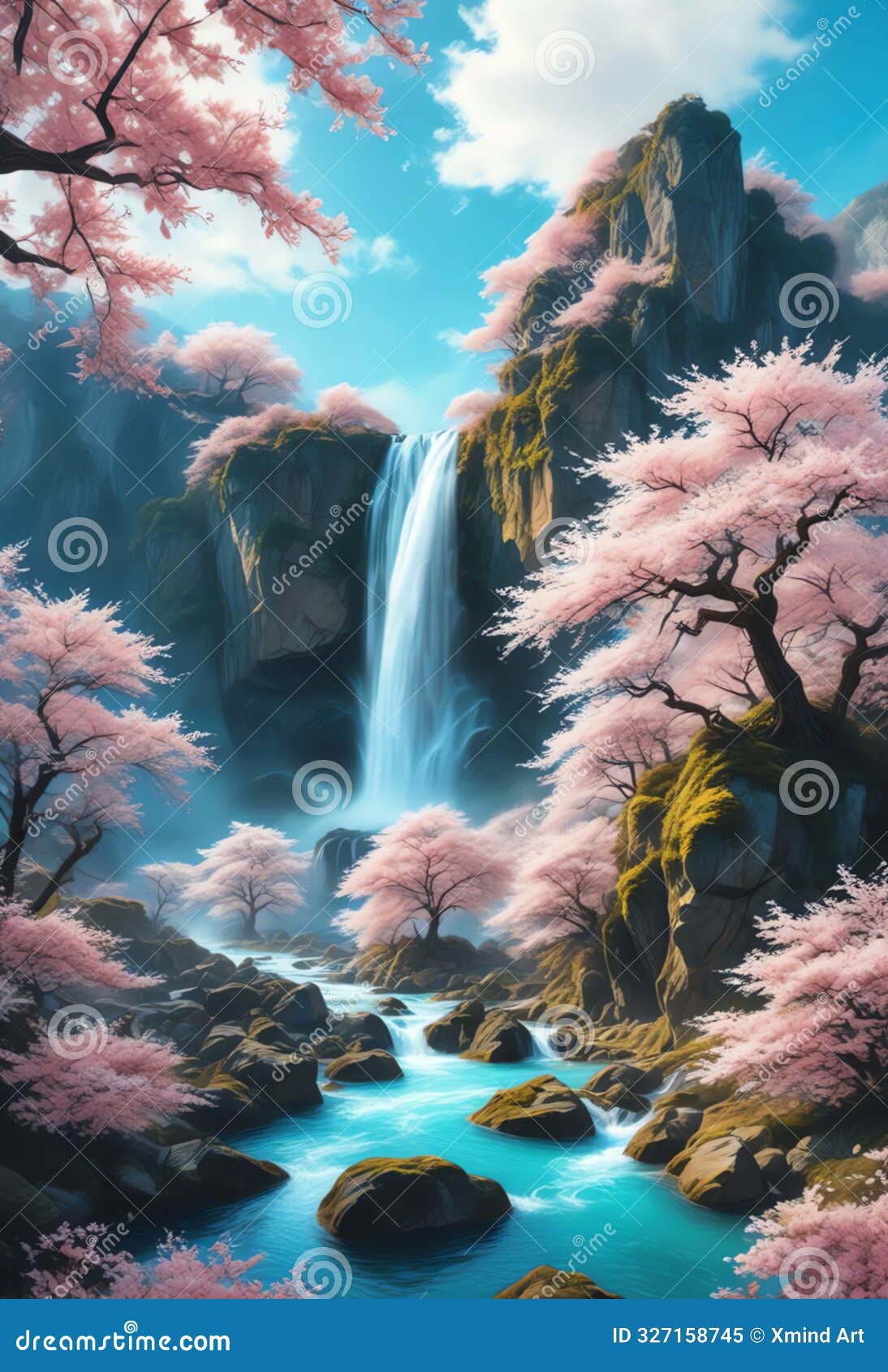 A Large Waterfall Coming from a High Cliff, Cherry Blossom Trees Stock ...