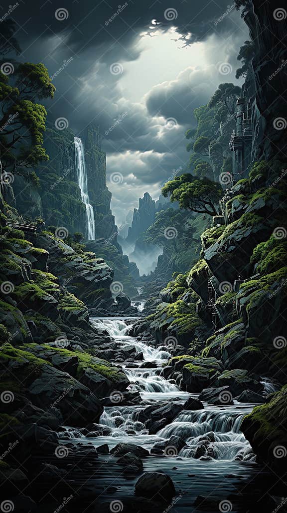 Large Waterfall and a River with Rapids in a Mountainous Gorge Stock ...
