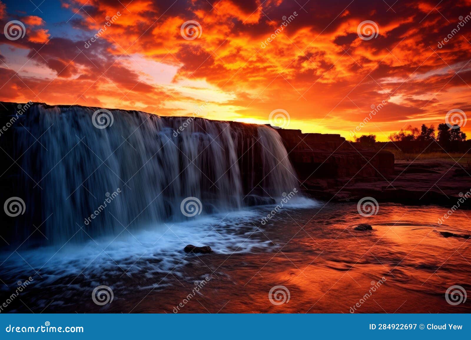 A Large Waterfall with a Sunset in the Background Stock Illustration ...