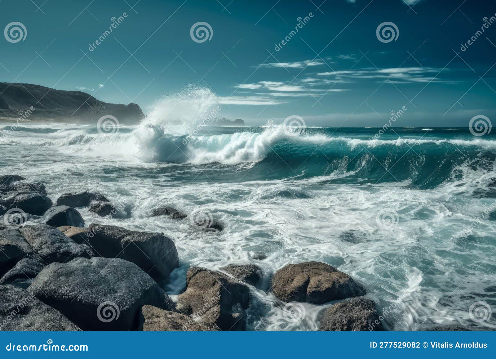 A Massive Wave Breaking Against Jagged Rocks on a Tropical Beach ...
