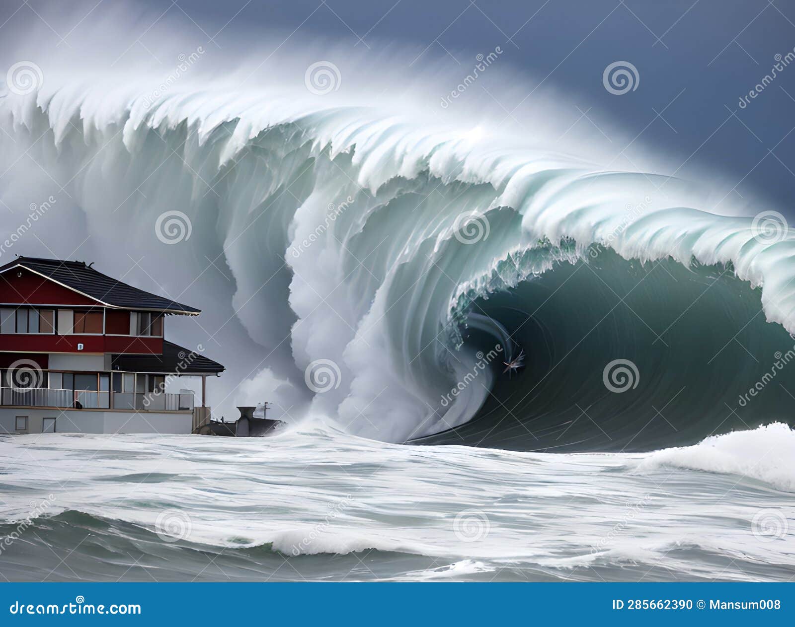 Tsunami. Powerful Ocean Wave In Deep Blue Sea At Sunset. Dynamic ...