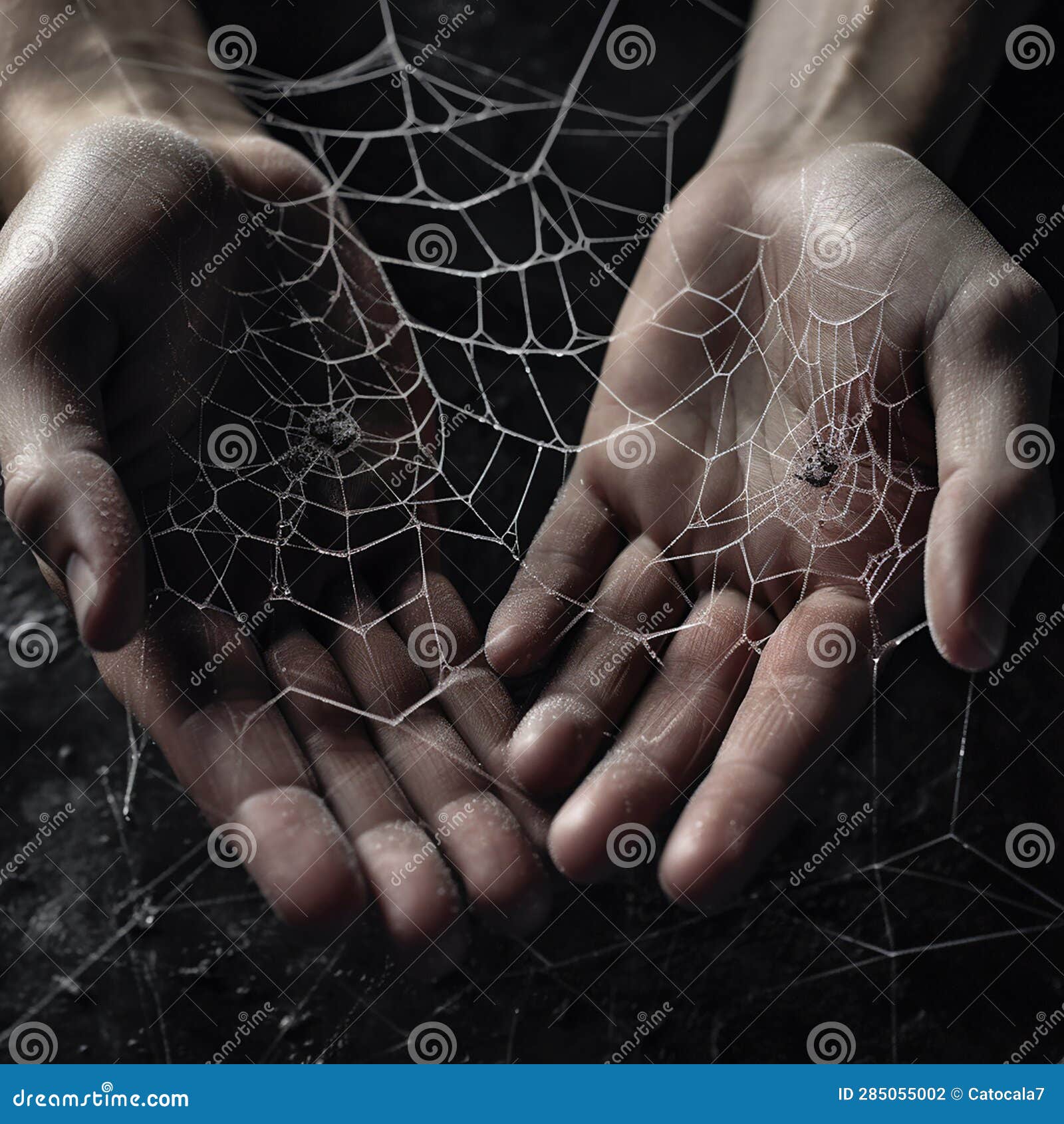 Large Web with Spider Covers Hands, Hands are Tangled in Web, a Close ...