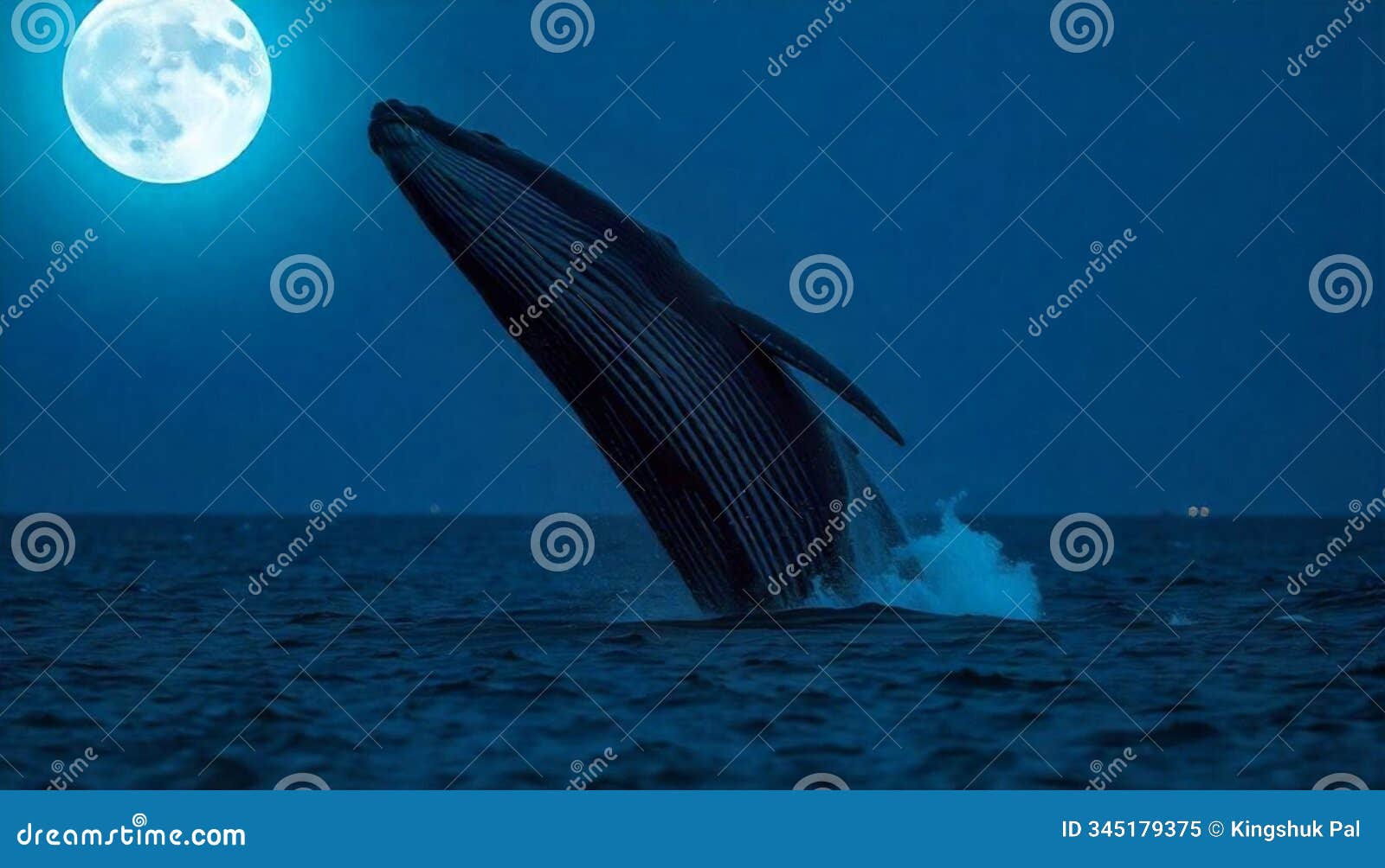 A Large Whale Breaching the Ocean, Surface at Night Under a Large ...