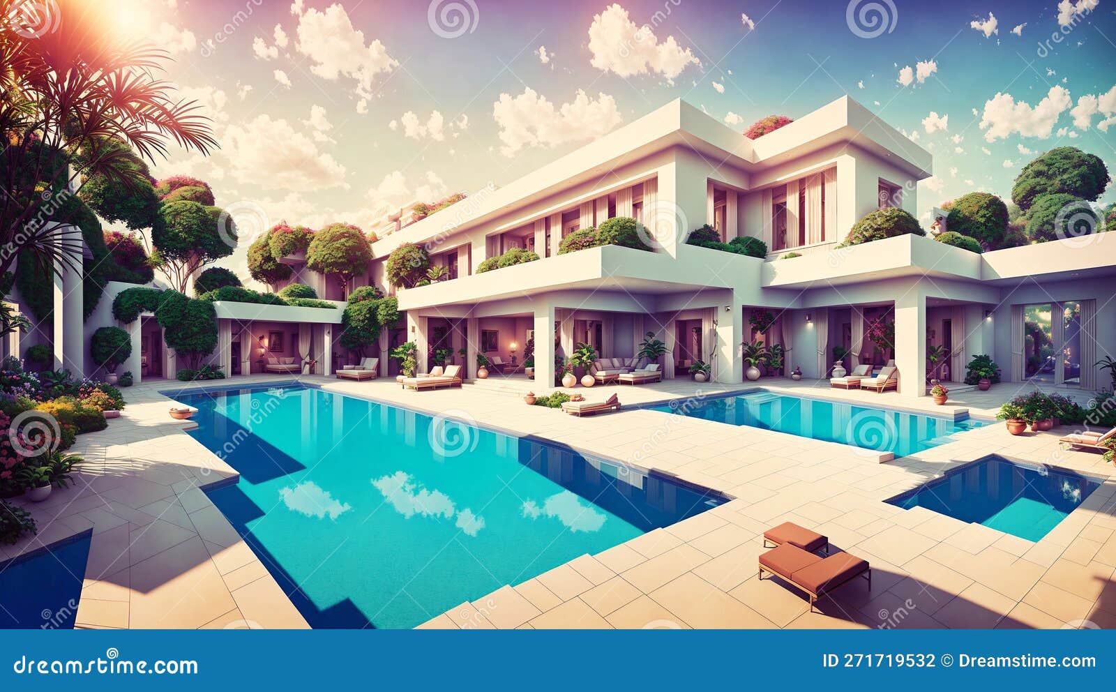 Large White House with Luxury Swimming Pool in Front of it. Modernism ...