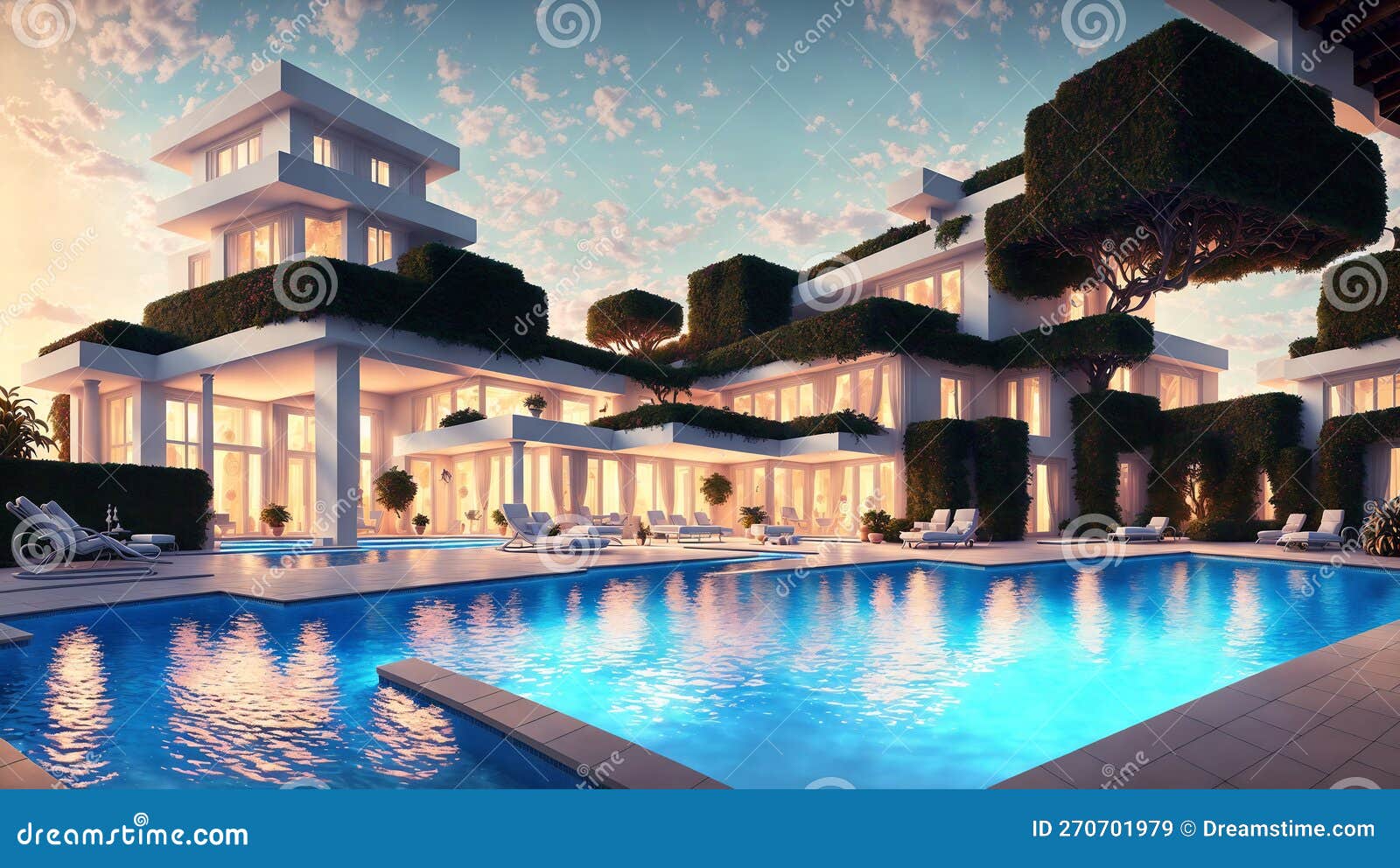 Large White House with Luxury Swimming Pool in Front of it. Modernism ...