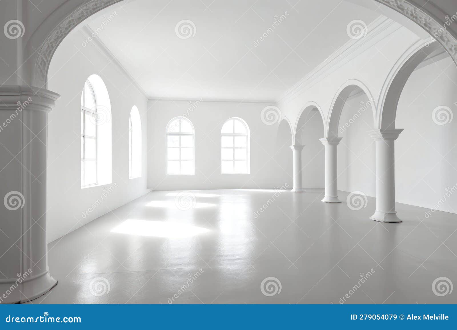 Large White Room with Arches, Sunlight, Windows, Columns and Shadows ...