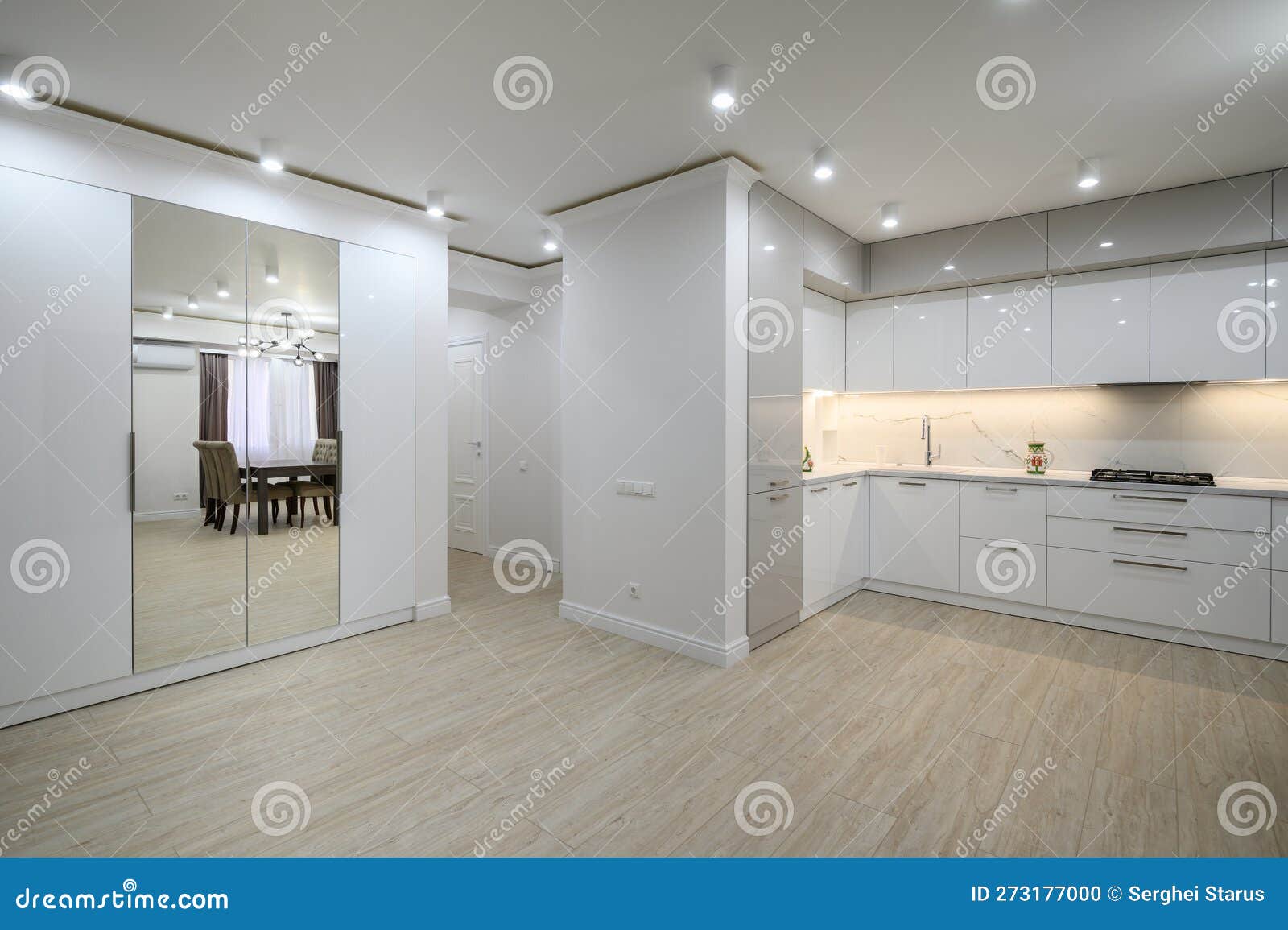 Large White Room Connected To Hall and Kitchen in a Studio Flat Stock ...