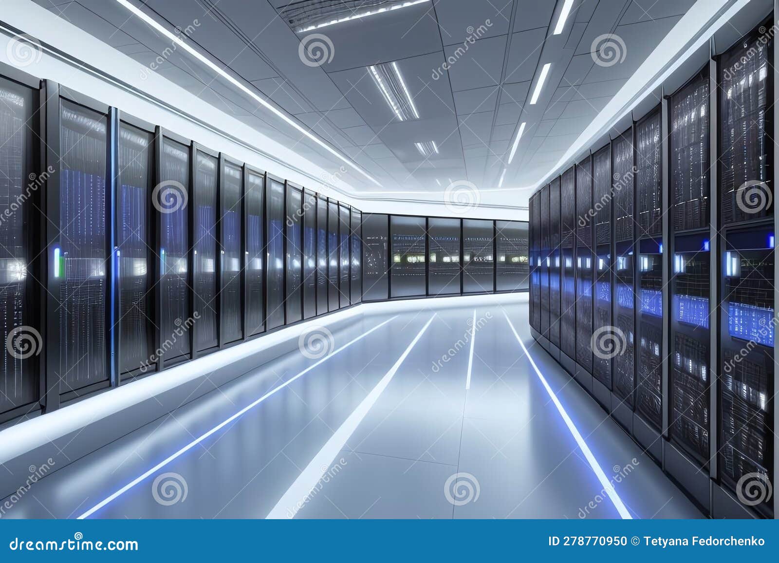 A Large Server Room with a White Wall and Lights Stock Illustration ...