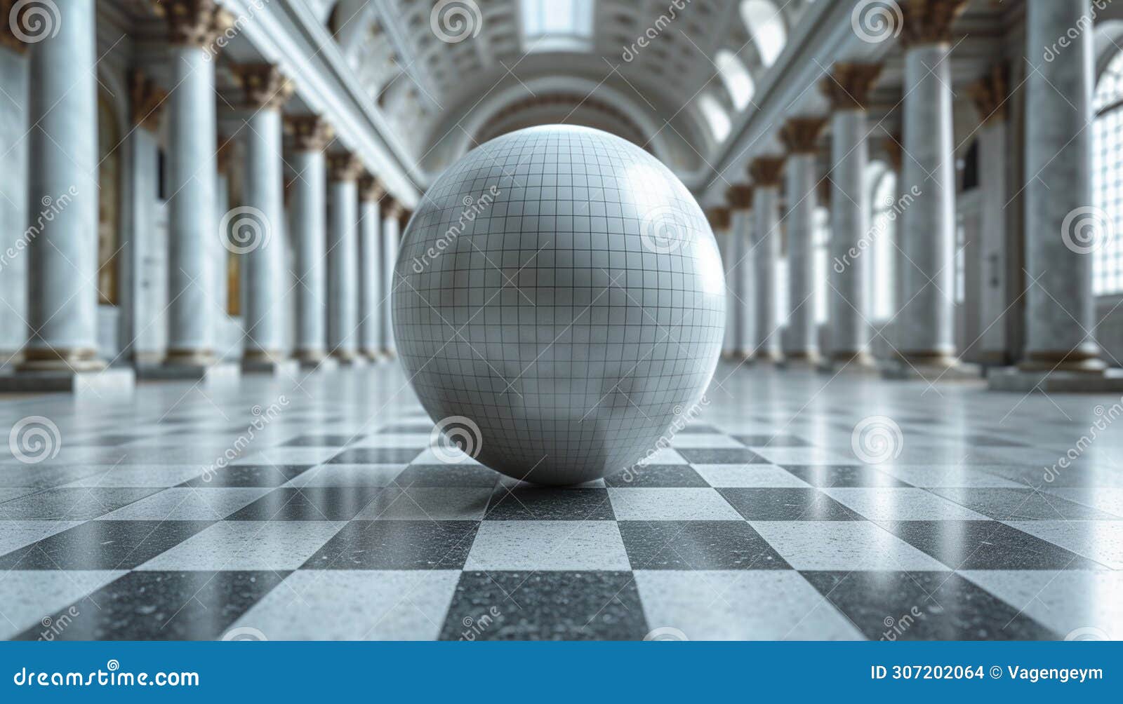 A Large White Spherical Object Stands Centered on a Checkered Floor ...