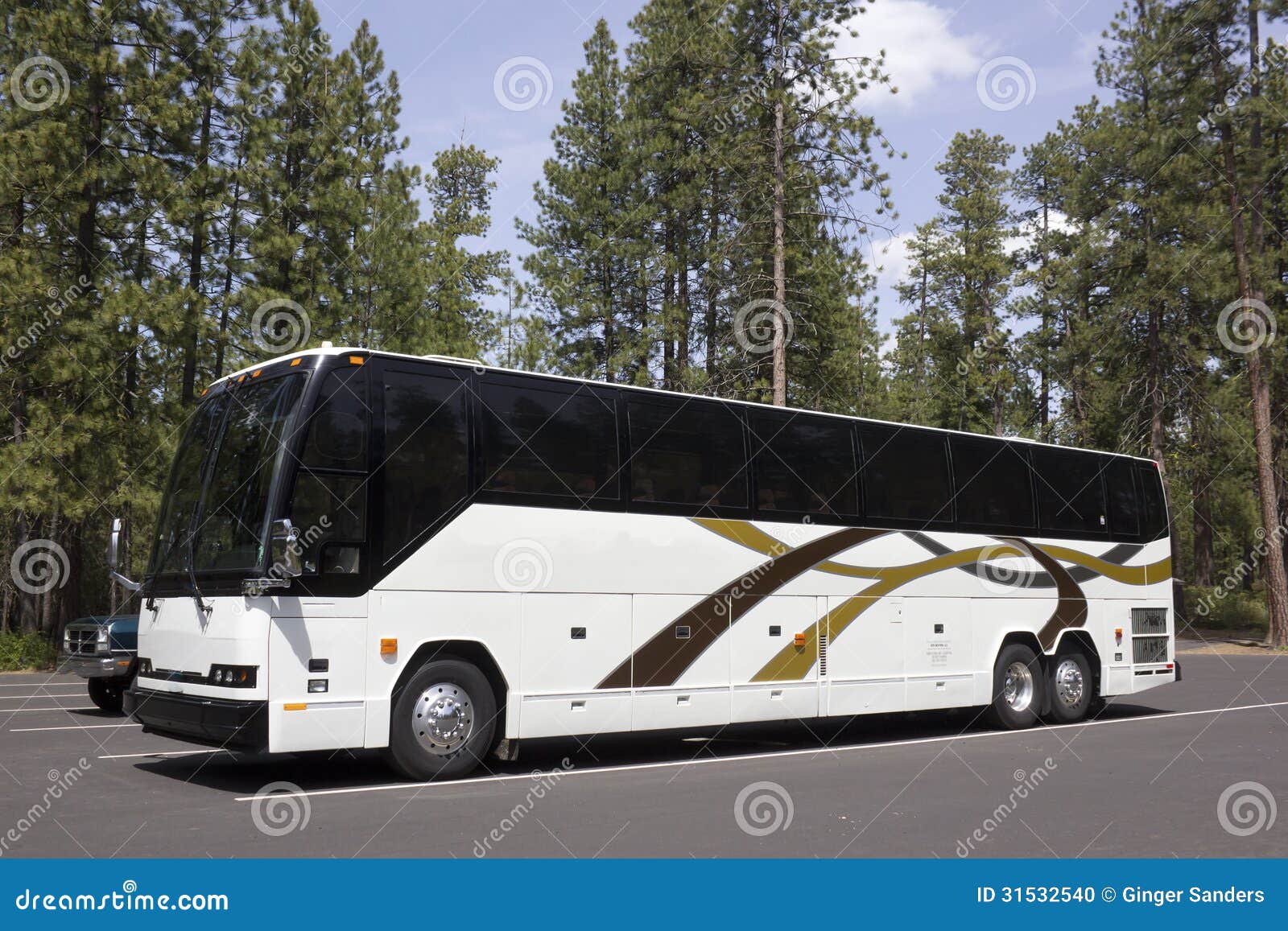 Large White Tour Bus in Forest Parking Lot Stock Photo - Image of ...