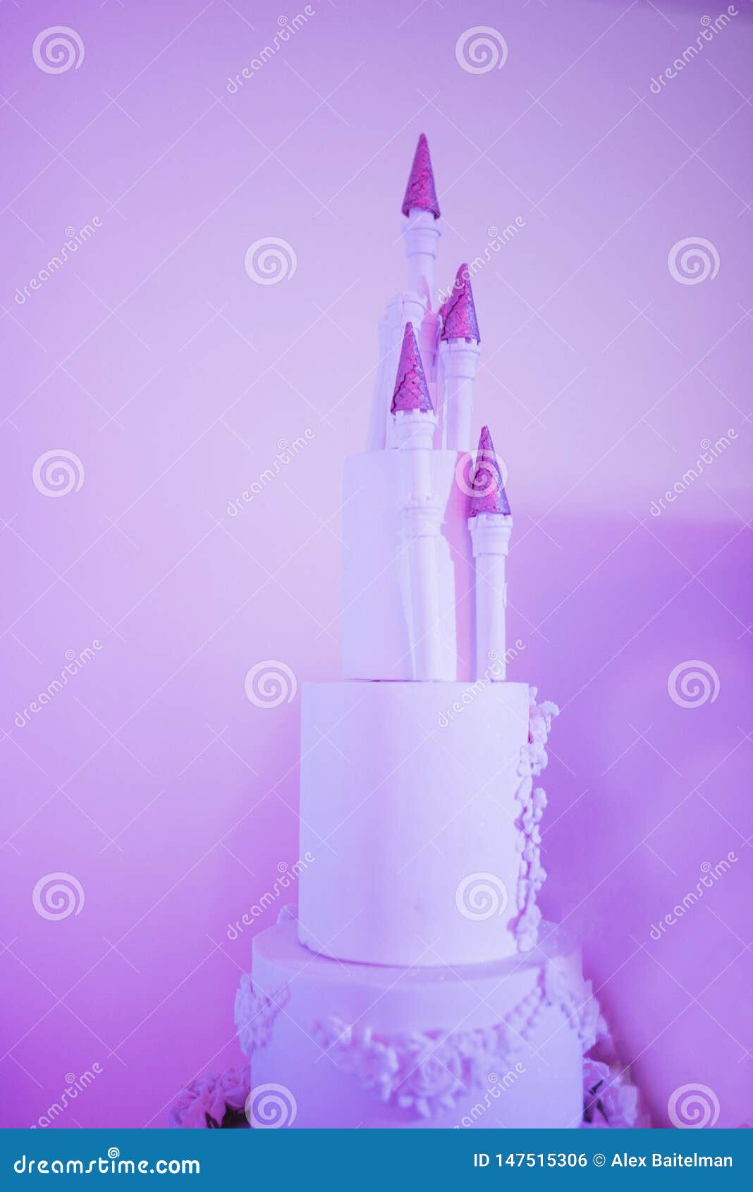 Large White Wedding Cake with Castle Shaped Towers Stock Photo - Image ...
