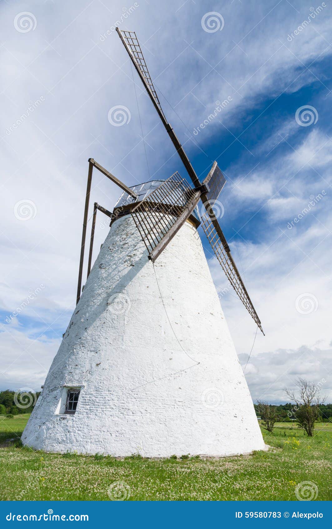 Large White Windmill Under Blue Sky Stock Image - Image of green, blue ...