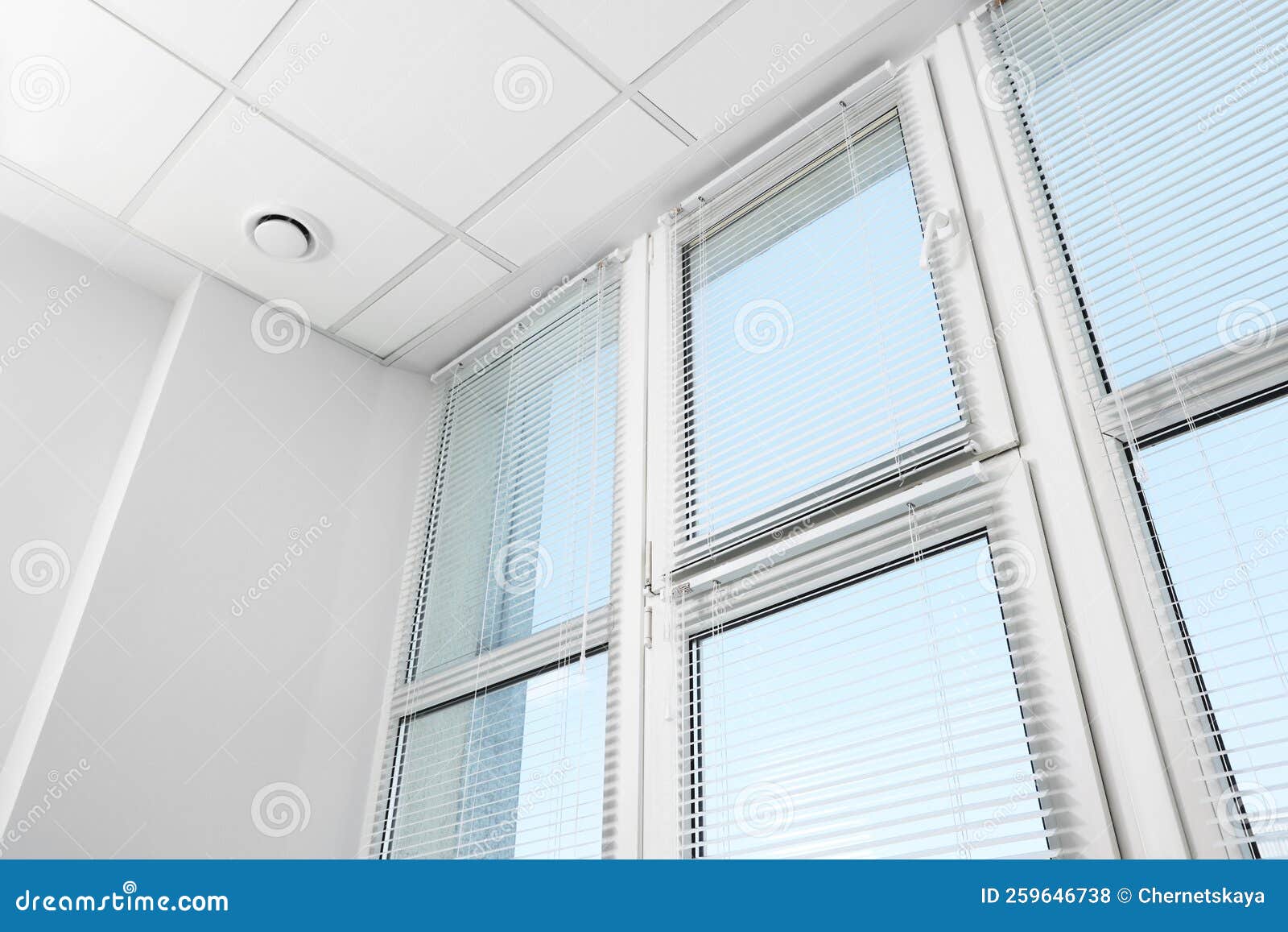 Large Window with Horizontal Blinds Indoors, Low Angle View Stock Photo ...