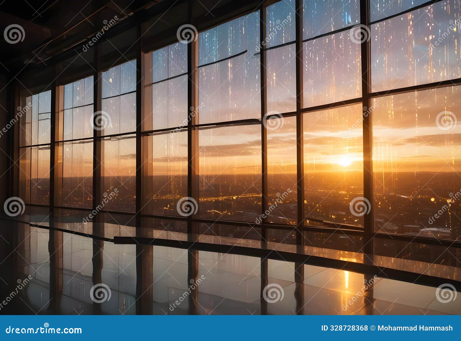 A Large Window with a Panoramic View of a City Skyline at Sunset. the ...