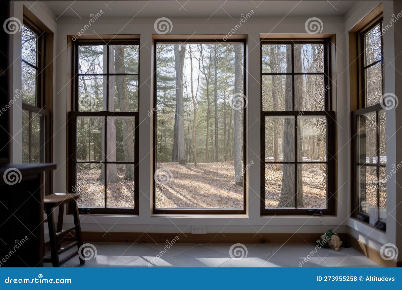 Large Window with View of the Woods and Cottage Porch Visible Stock ...