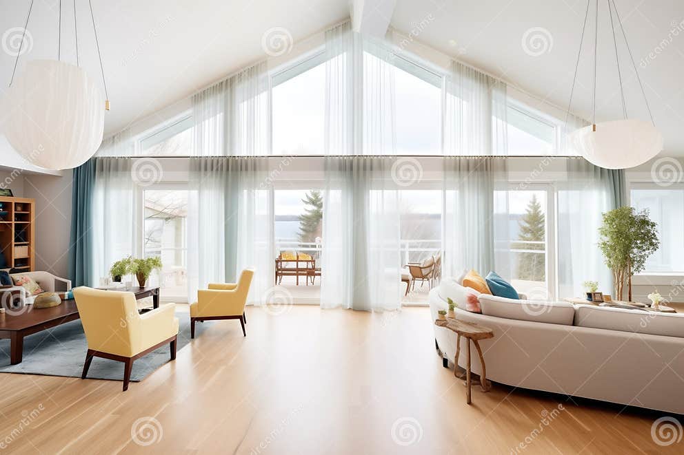 Large Windows with Sheer Curtains in an Openplan Space Stock Photo ...