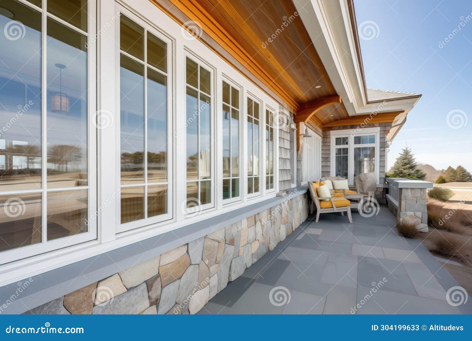 Large Windows on Shingle Style Home with Stone Pillars Stock Image ...