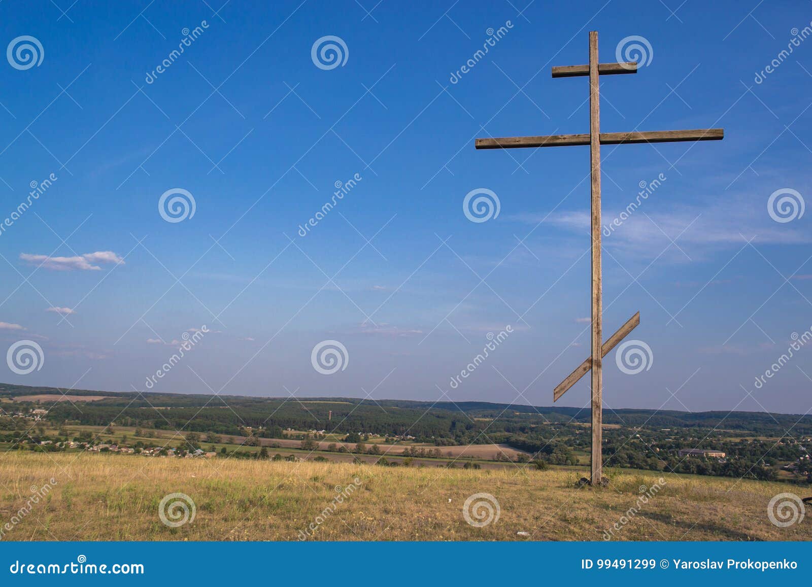 A Large Wooden Cross on the Mountain. September Landscape. Stock Image ...