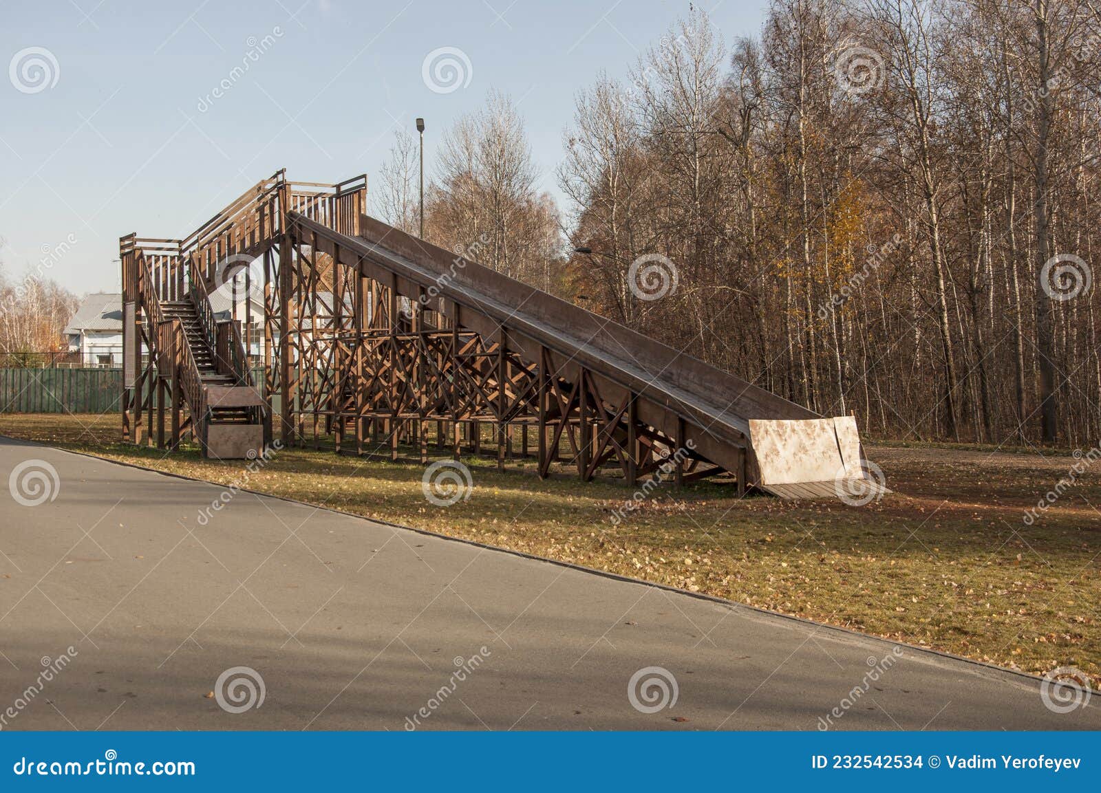 Large Wooden Slide for Sleds. Empty Inactive in the Autumn Stock Photo ...