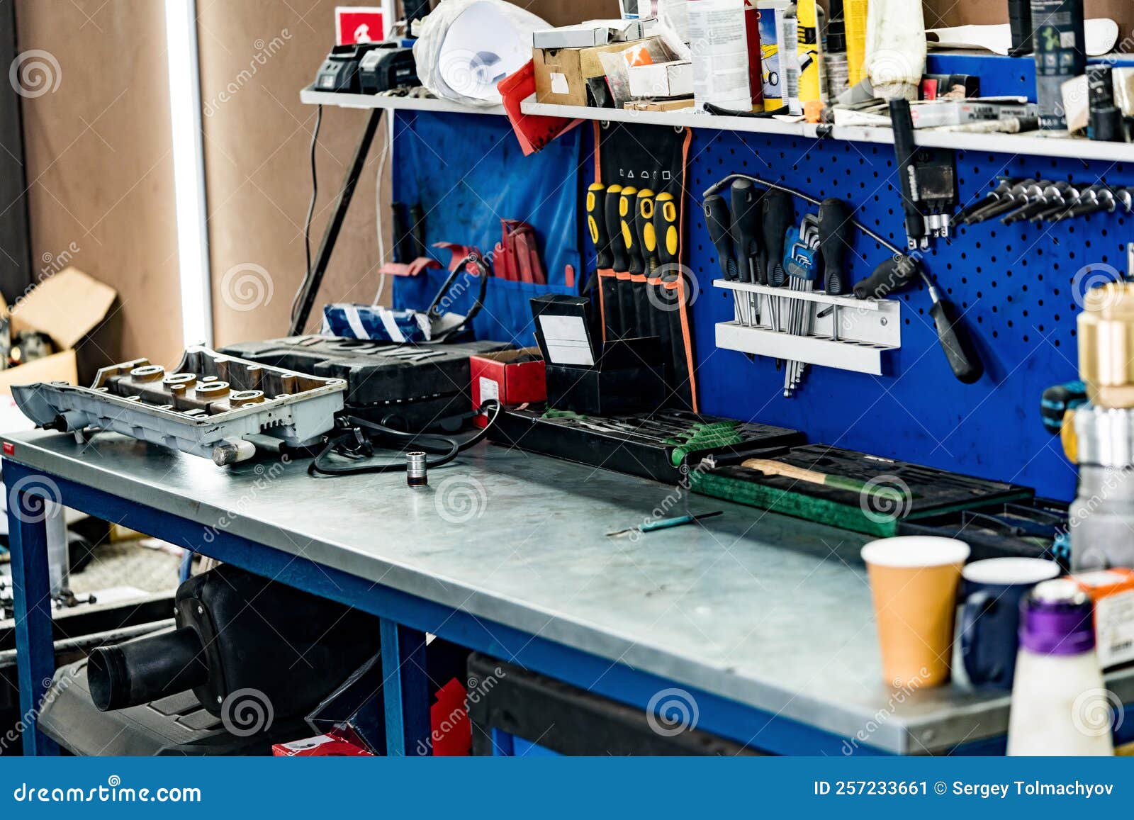 Large Workbench with Tools at Station for Vehicle Technical Servicing ...