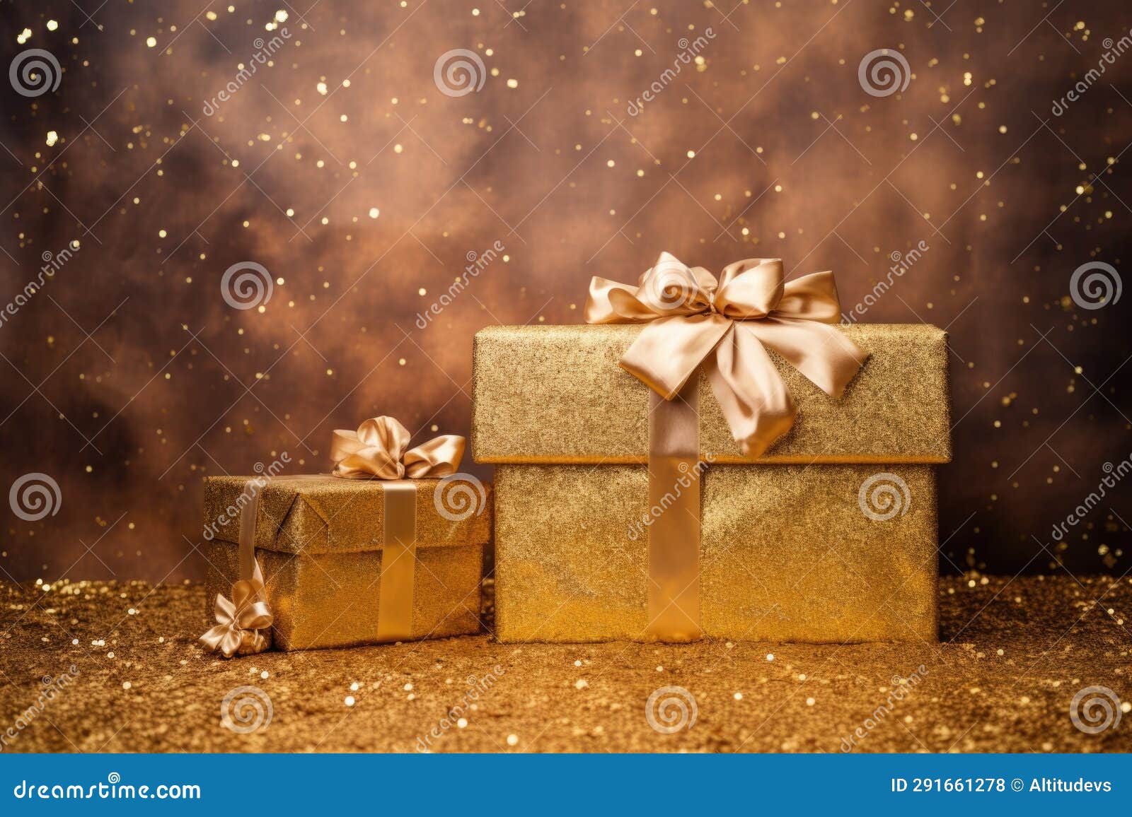Large Wrapped Gift Box Props Against a Gold Sparkle Wall Stock Photo ...