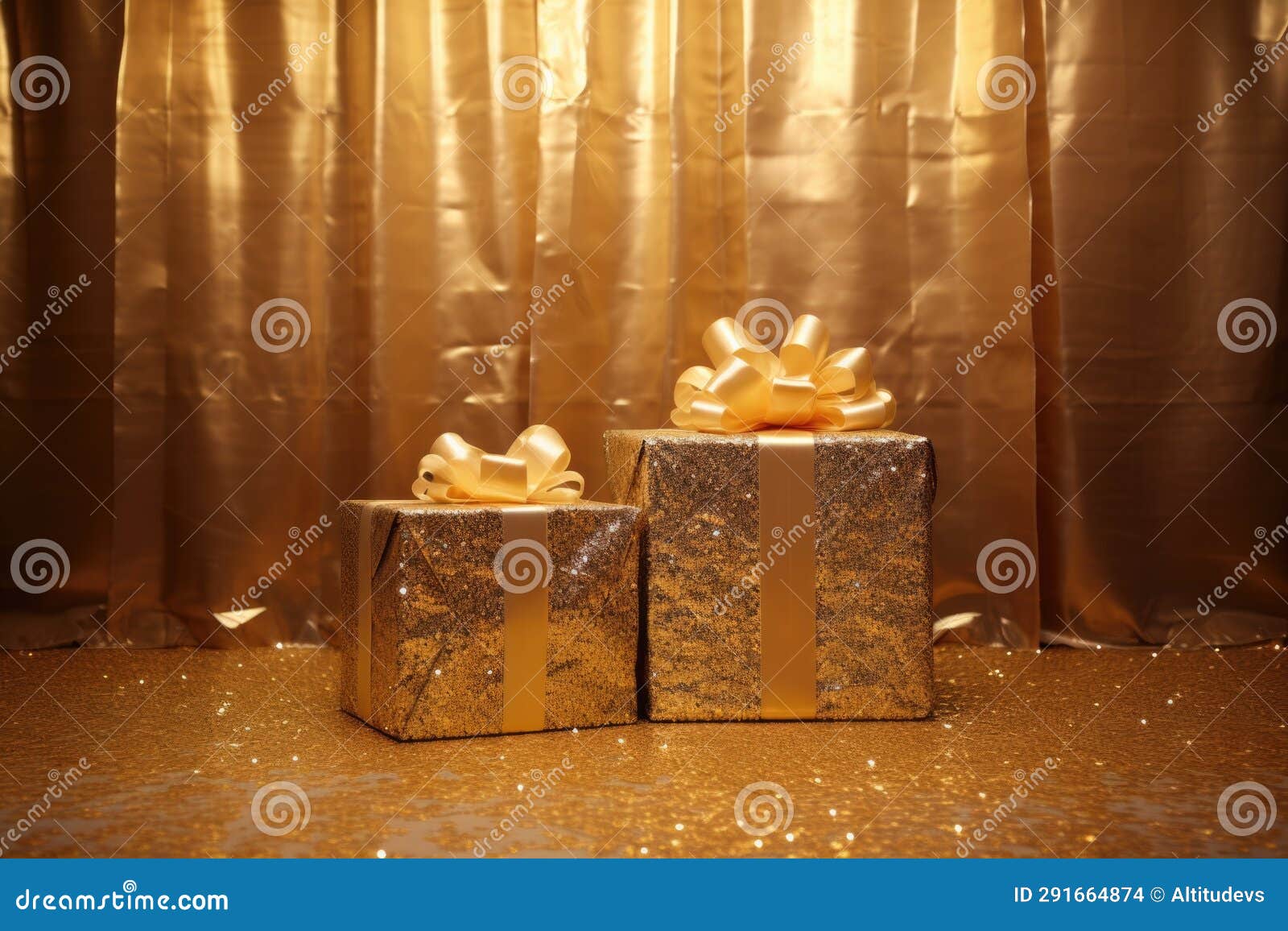 Large Wrapped Gift Box Props Against a Gold Sparkle Wall Stock Photo ...