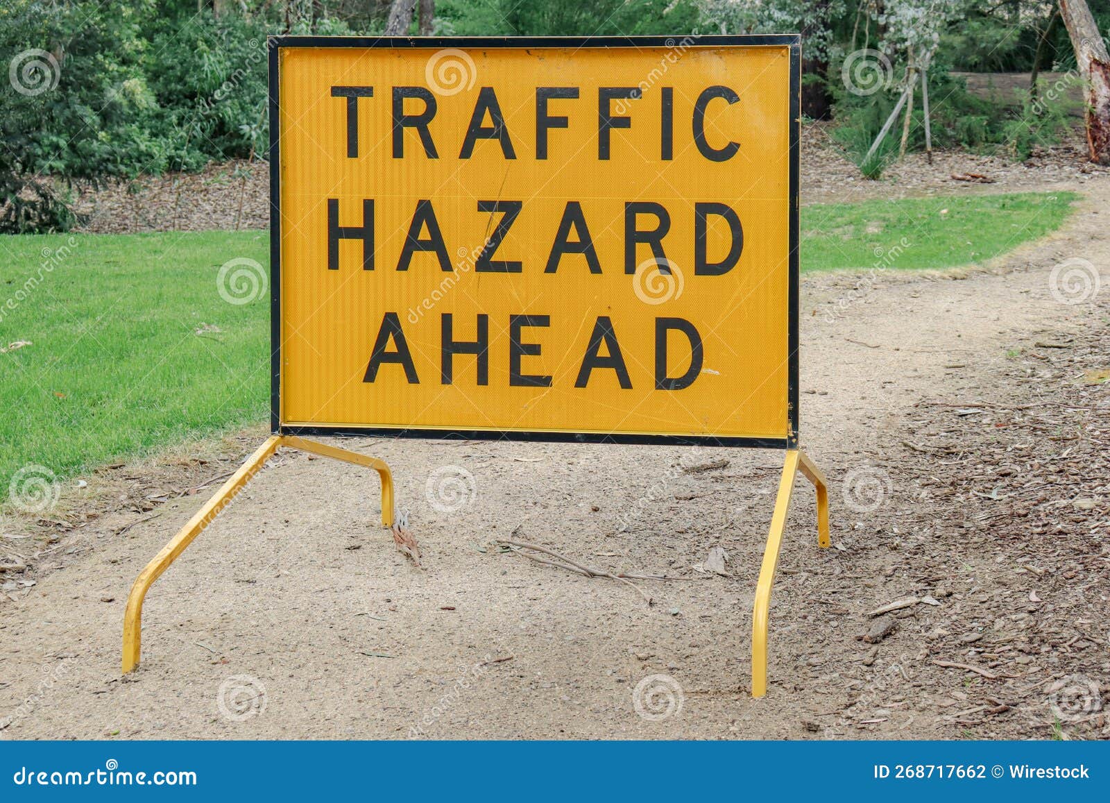 Large Yellow TRAFFIC HAZAR AHEAD Sign on a Path Stock Photo - Image of ...