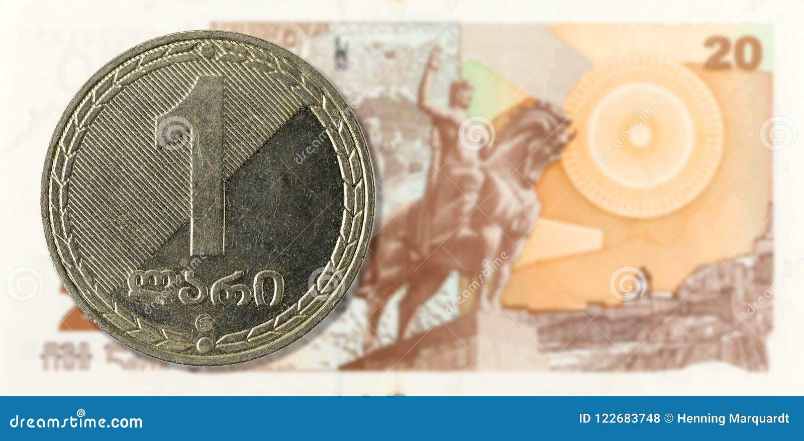 1 Lari Coin Against 20 Georgian Lari Bank Note Stock Photo - Image of ...