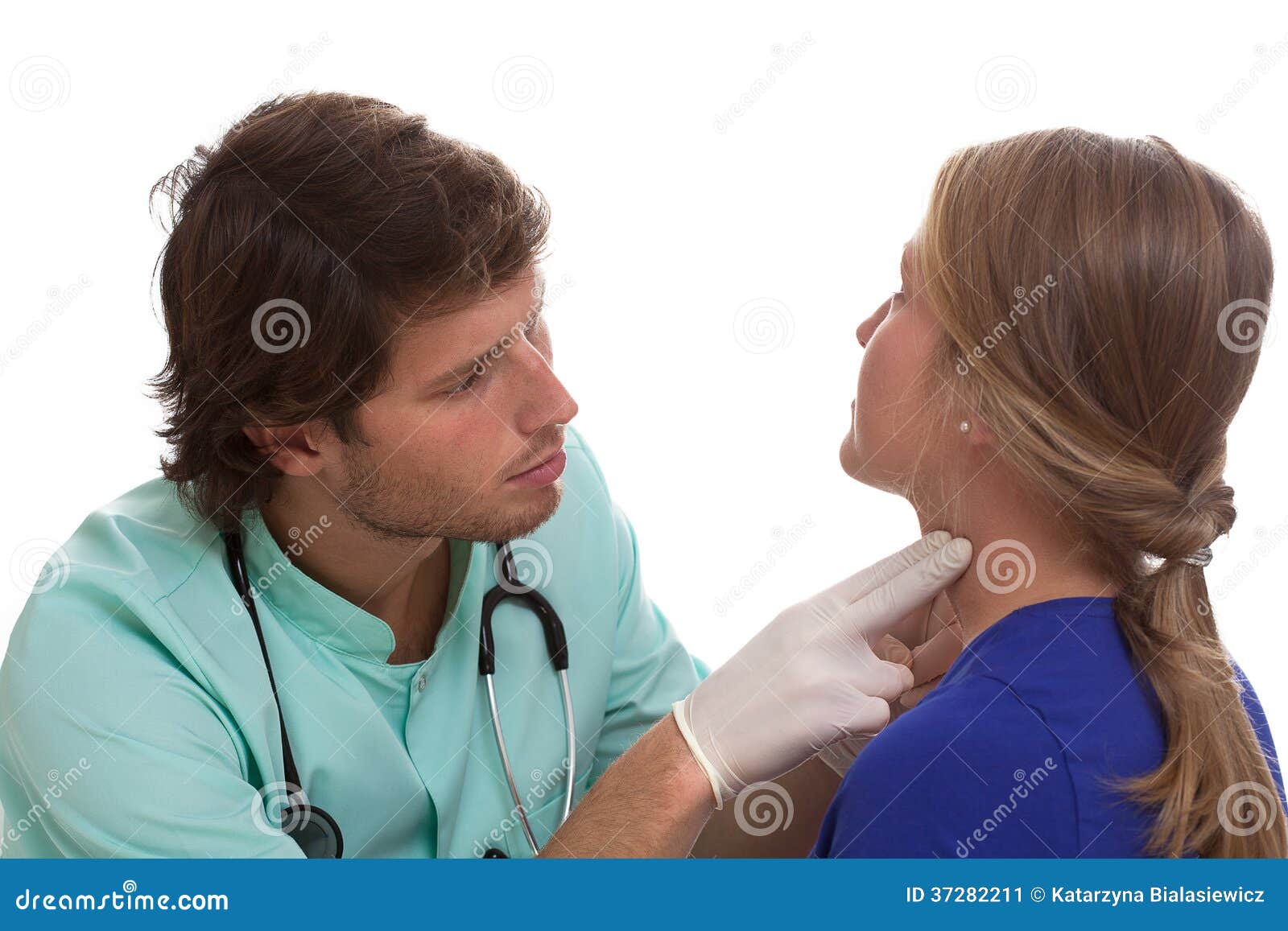 Laringologo Che Prova Un Collo Della Donna Immagine Stock - Immagine di ...