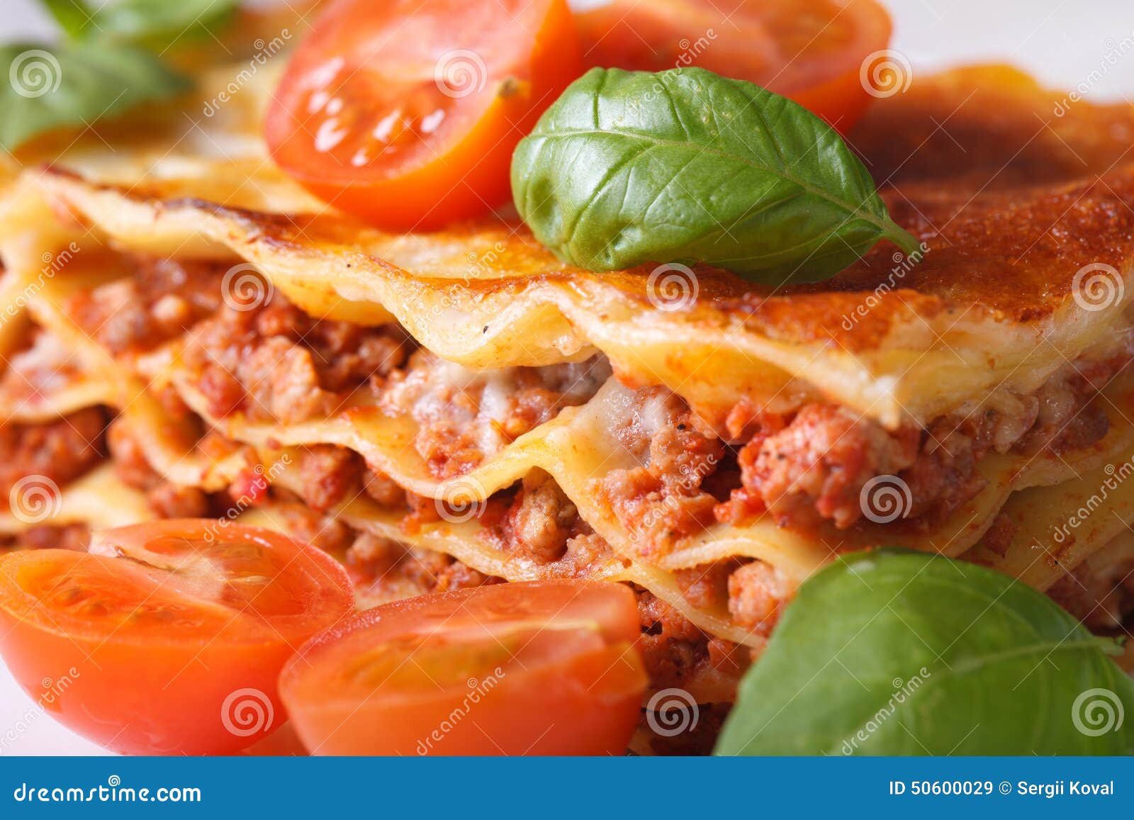 Lasagna with Fresh Basil and Tomatoes Macro Horizontal Stock Image ...
