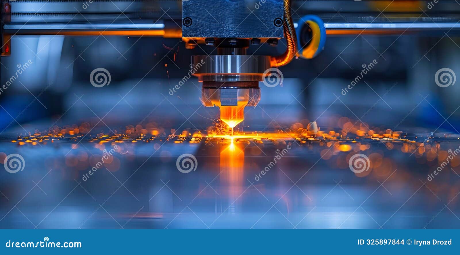 Laser Cutting Machine in Action with Glowing Orange Sparks and ...