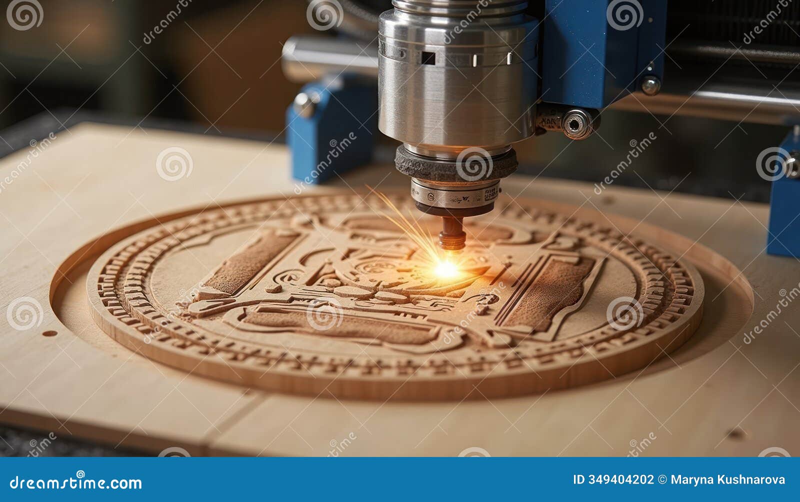 Laser Cutting Machine Engraves Detailed Design on Wood Panel. Modern ...