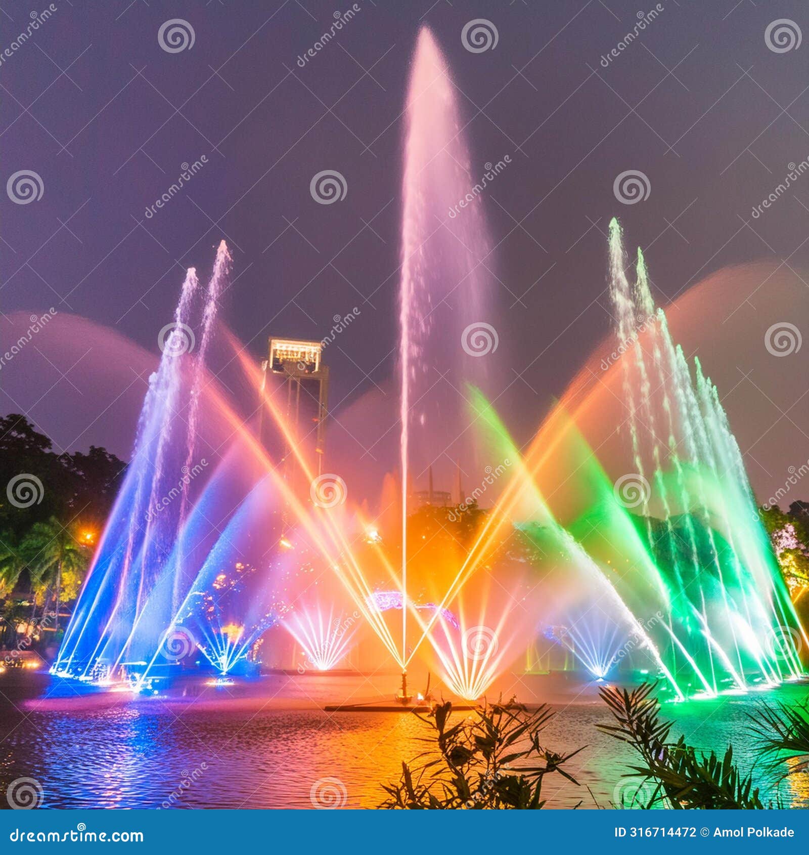 Laser Light Show with the Fountain Night Time Stock Photo - Image of ...