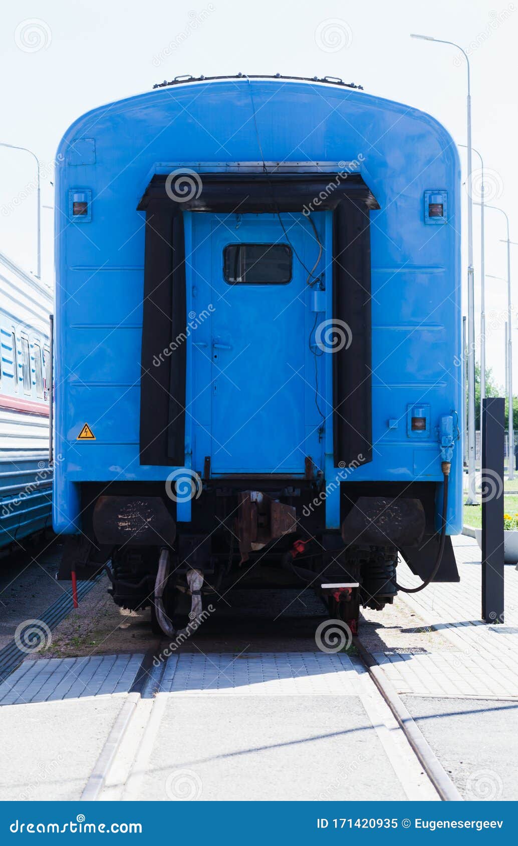 The Last Blue Railway Car of a Passenger Train, Close Up Stock Image ...