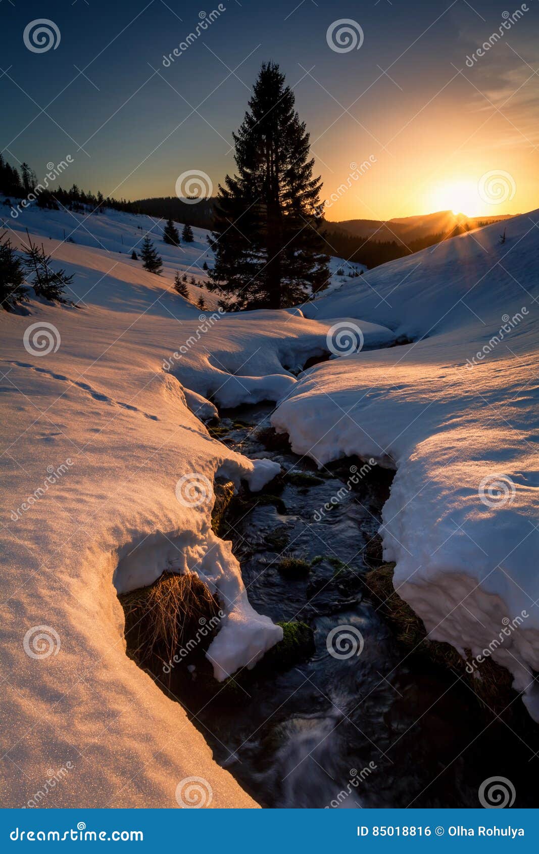 Last Sunrays Over Mountains River in Winter Stock Photo - Image of ...
