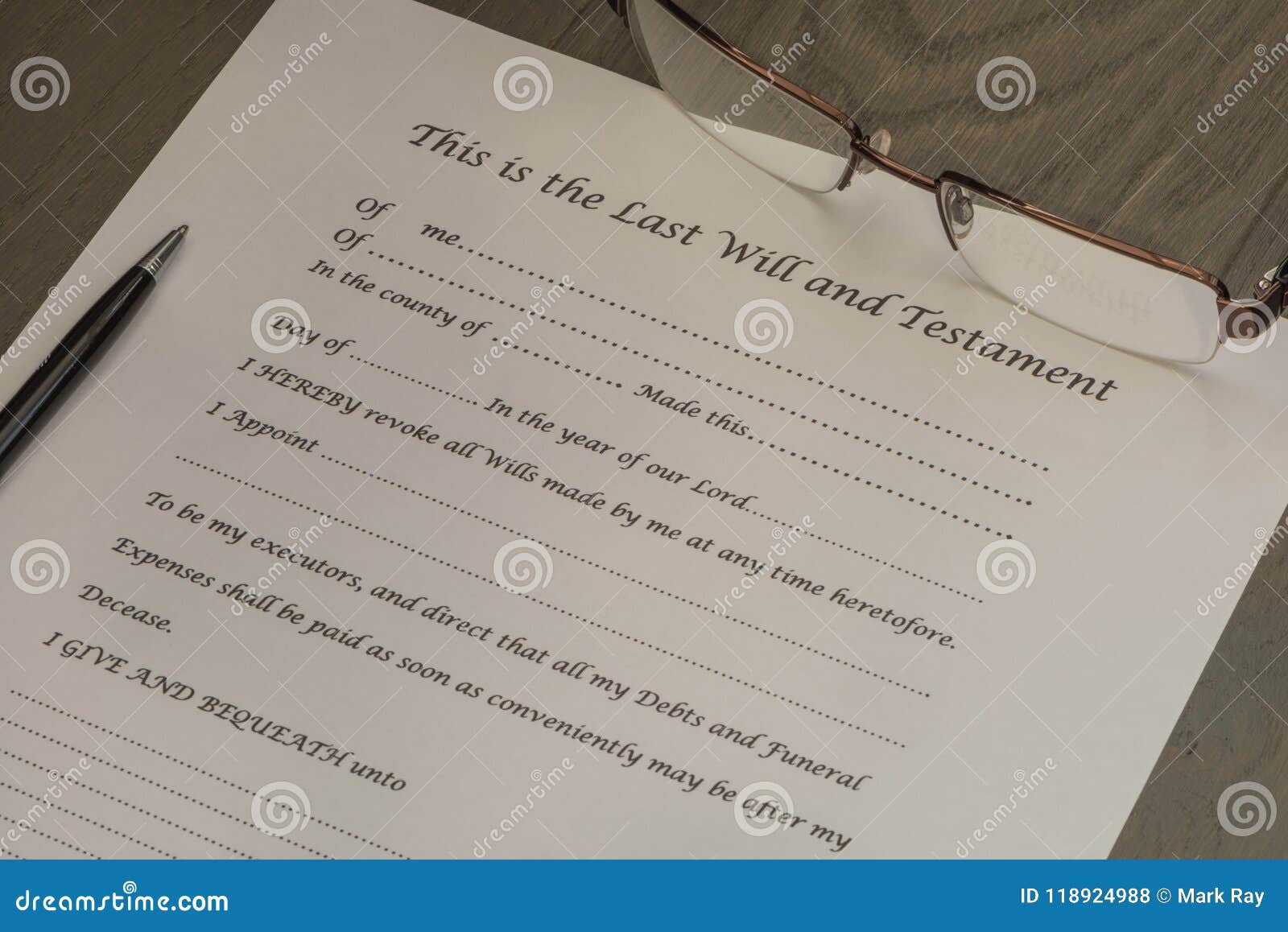 Last Will and Testament Document with a Pair of Glasses and Pen. Stock ...