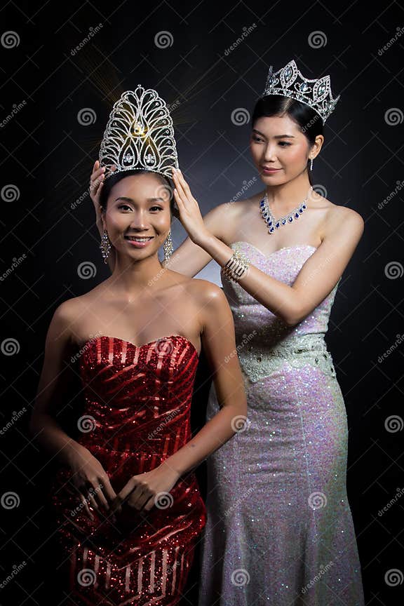 Put Diamond Crown On Final Winner Latest Year Miss Beauty Queen Stock