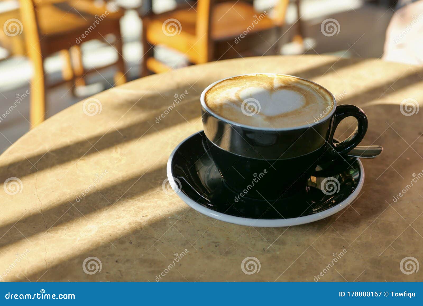 Late Coffee on Cafe Table with Cafe Background. Stock Image - Image of ...