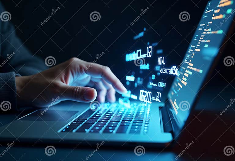 Late Night Coding Session Illuminates the Keyboard with Lines of ...