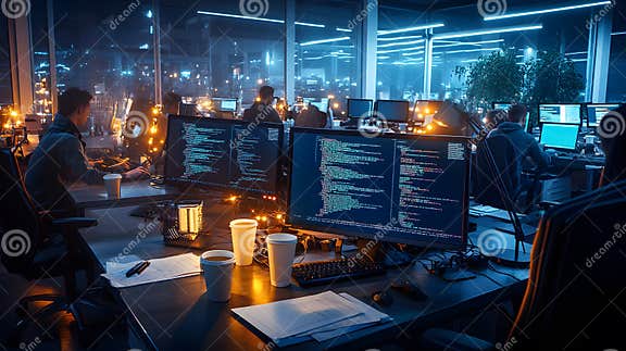 Late Night Tech Startup Scene with Programmers Working Intensely ...