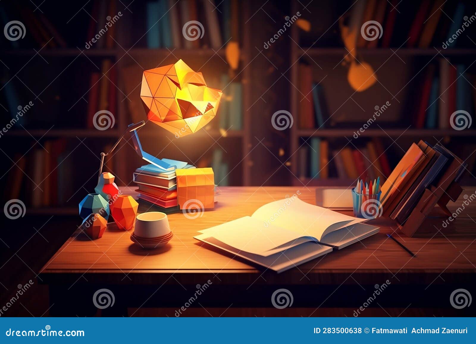 Late Study at Night with Desk Lamp and Open Book 3d Low Poly Graphic ...