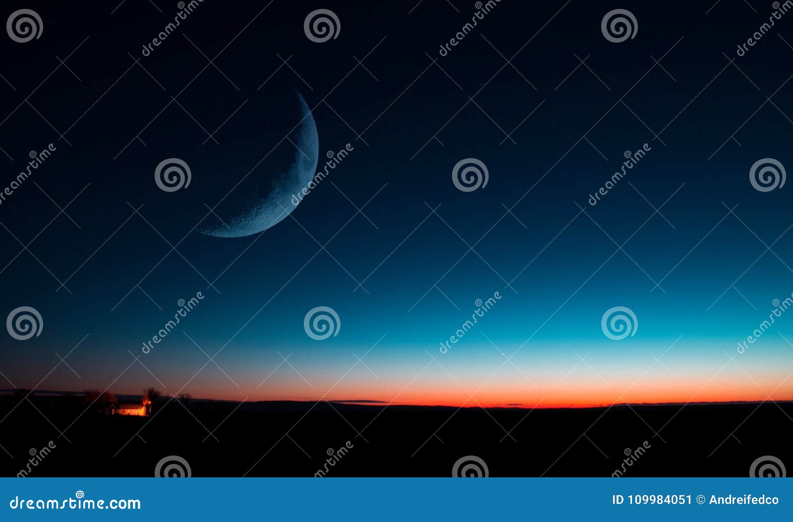 The Late Sunset. Great Young Moon and Stars in the Sky. Stock Image ...