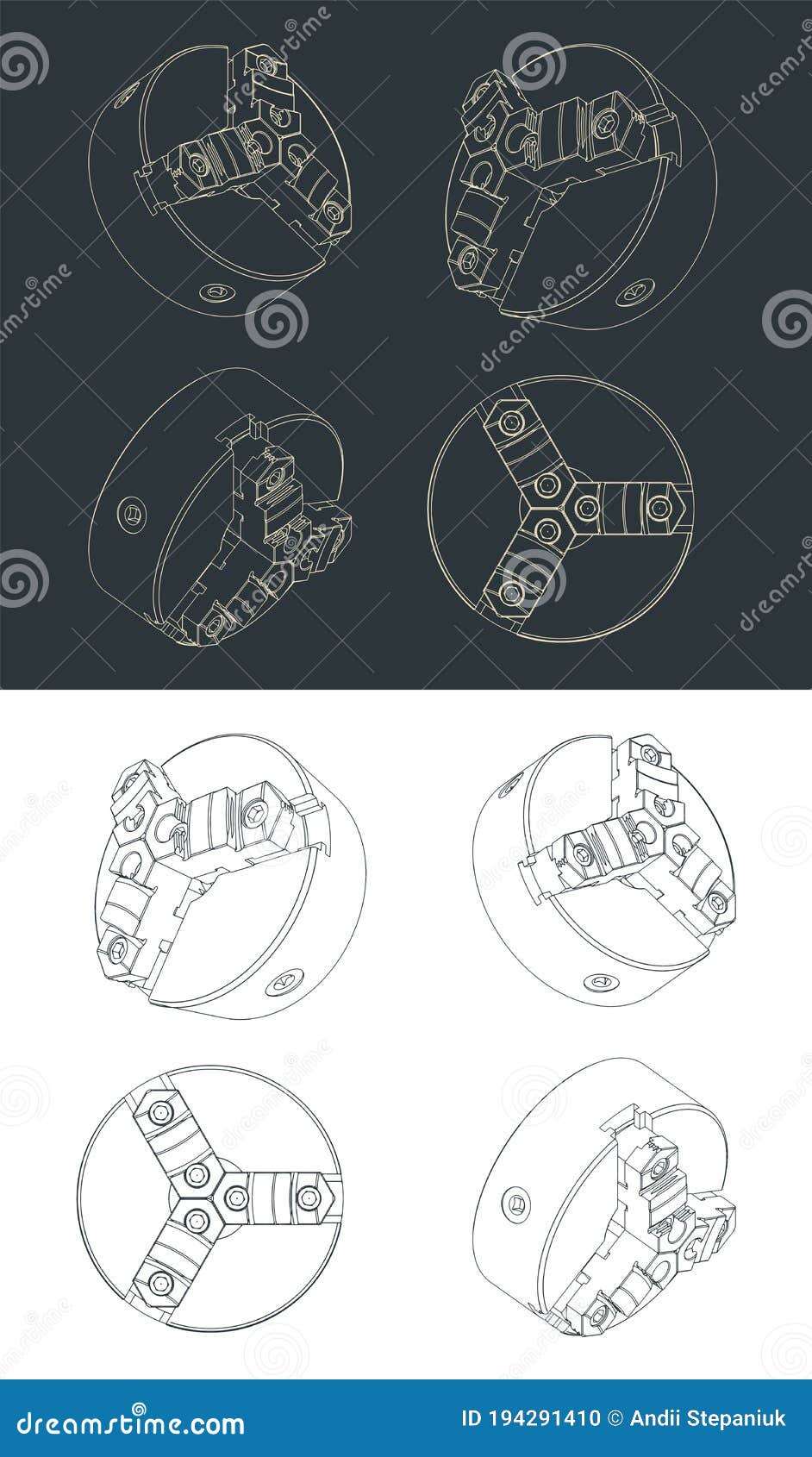 Lathe Chuck Mini Set Isometric Drawings Vector Illustration ...