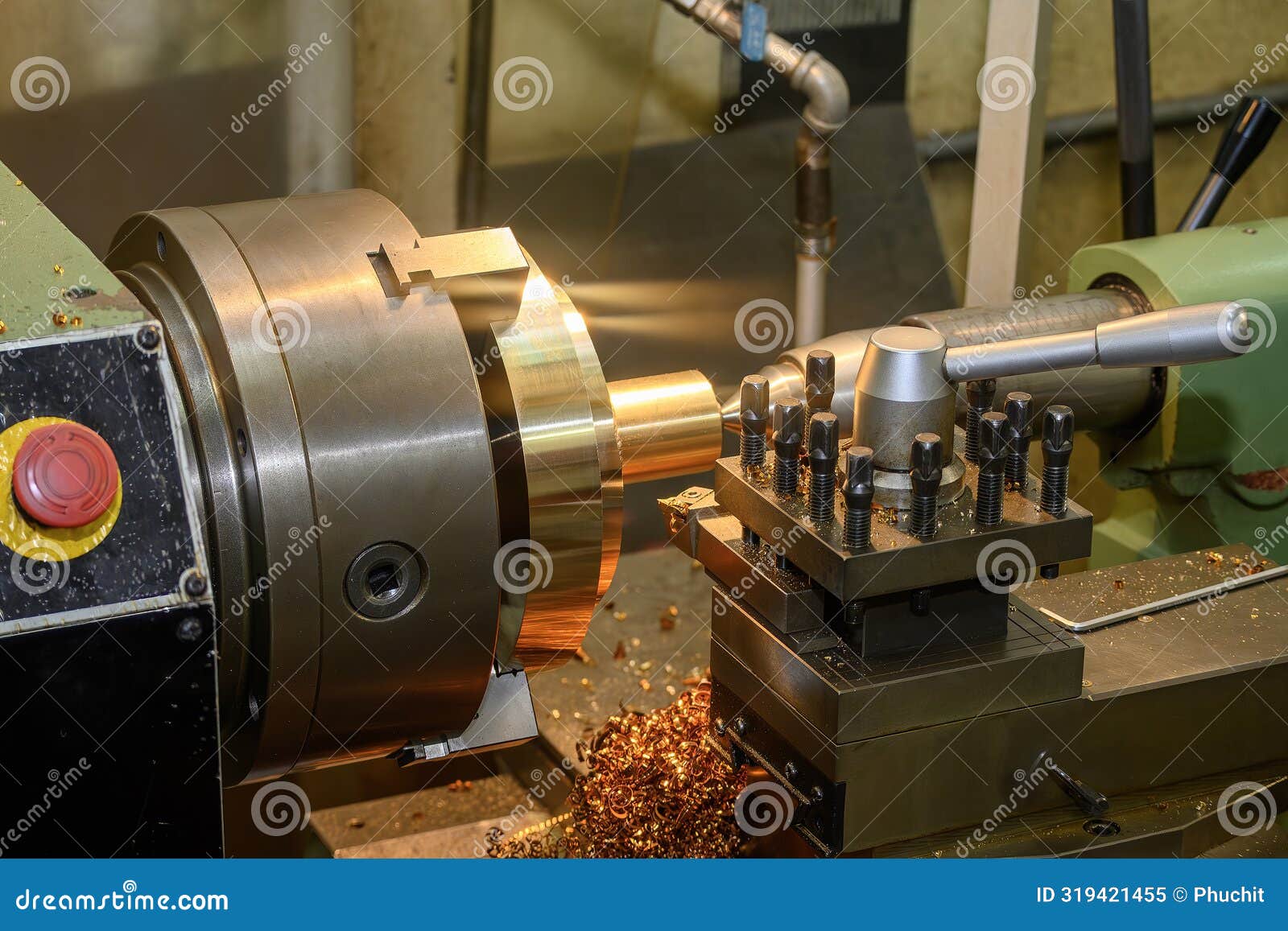 The Lathe Machine Finish Cut the Brass Material Parts by Lathe Tools ...