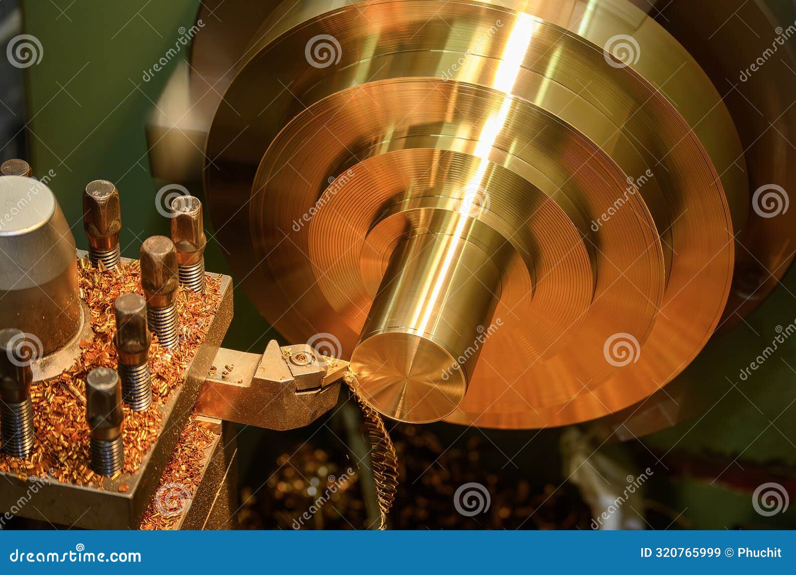 The Lathe Machine Finish Cut the Brass Material Parts by Lathe Tools ...