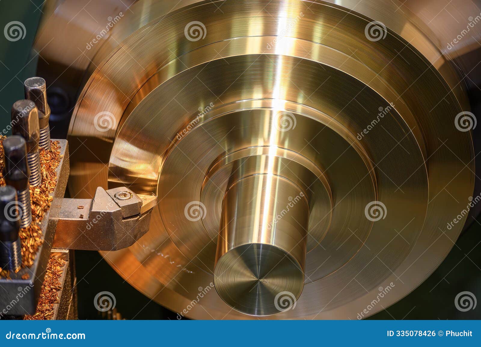 The Lathe Machine Finish Cut the Brass Material Parts by Lathe Tools ...