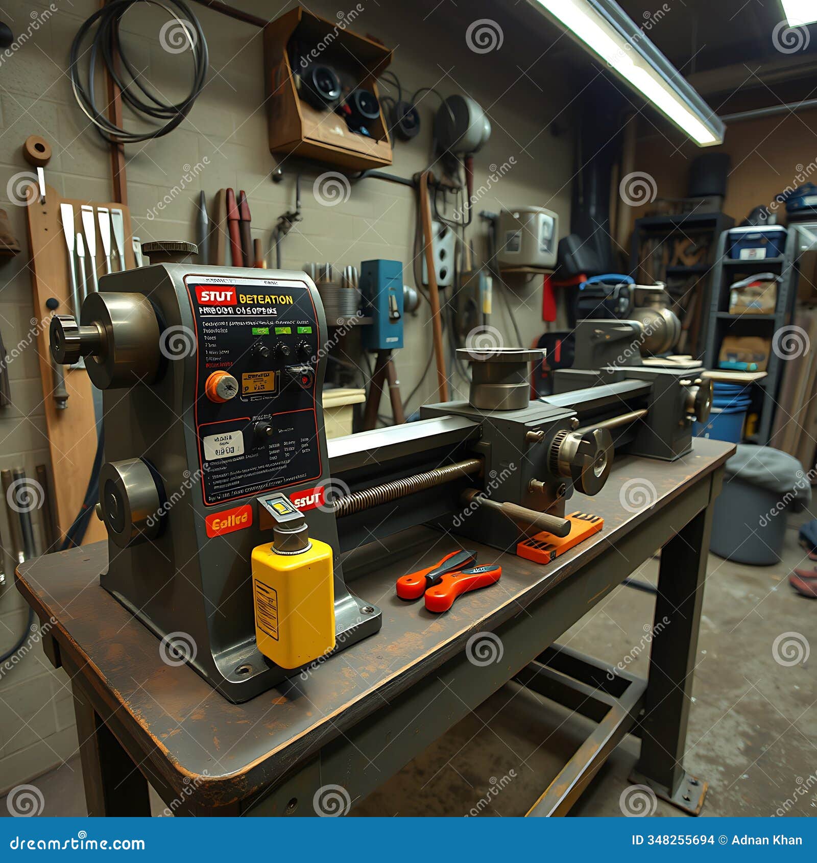 Lathe Tools and Safety Equipment on a Workshop Bench Wide Angle View with Realistic Ambient ...