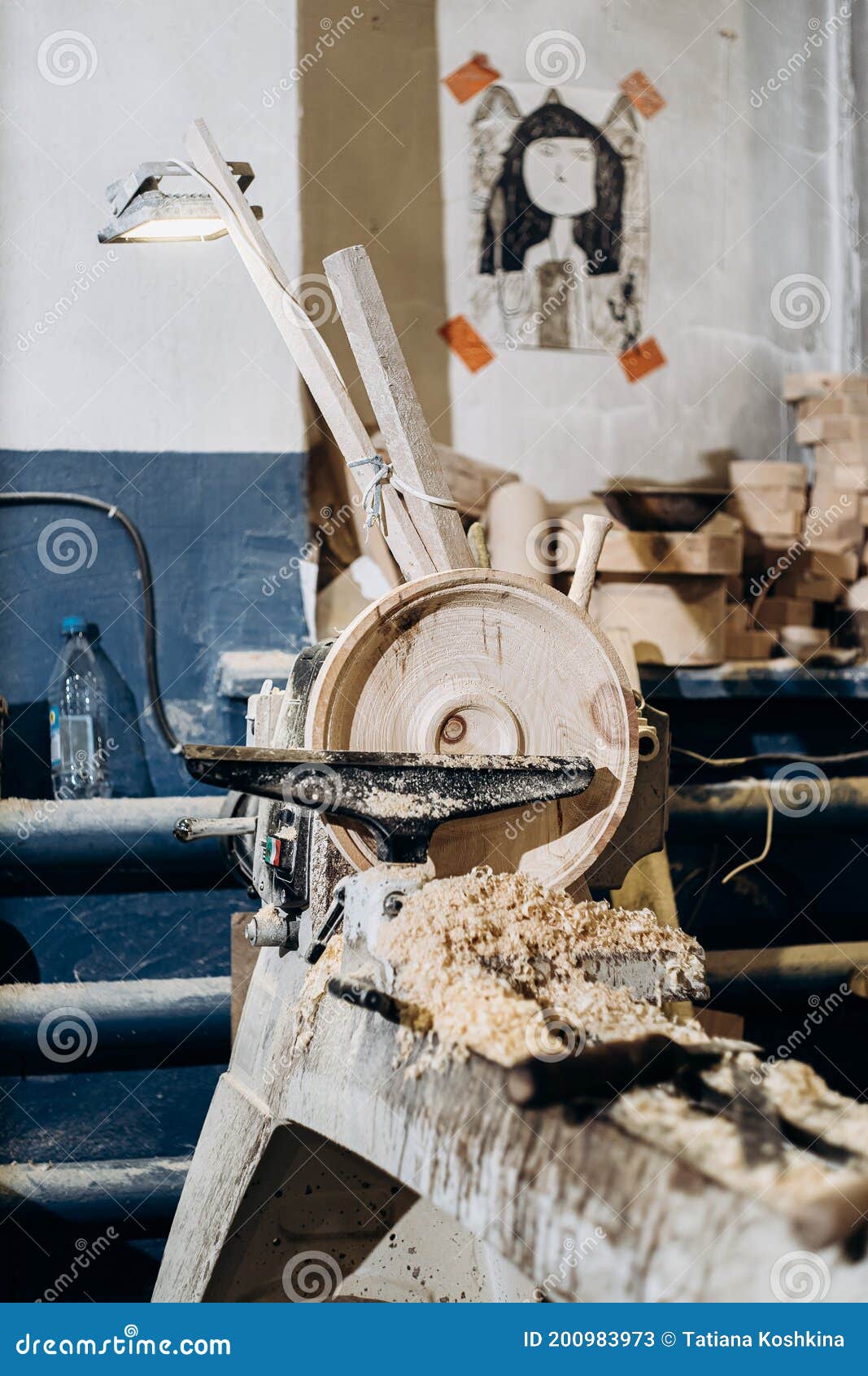Lathe in a Workshop with Wood Billet in Shavings Stock Image - Image of ...