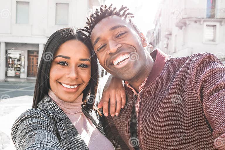 Latin Couple Taking Selfie Photo For Social Network Story Influencers People Having Fun With