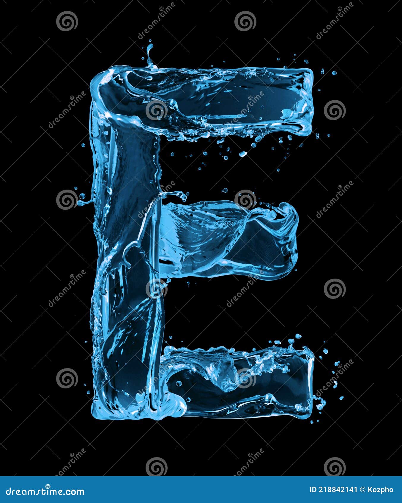 Latin Letter E Made of Water Splashes on a Black Background Stock ...